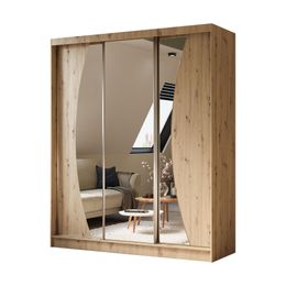 KLEIDERSCHRANK mit Spiegel-Schiebet&uuml;ren und Aluminium-Leisten - VOXI - 180 cm Eiche Artisan