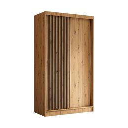 KLEIDERSCHRANK mit furnierten Schiebet&uuml;ren und Aluminium-Leisten, LED-Beleuchtung - LABELO - 120 cm Artisan+Artisan+Schwarz