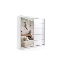 KLEIDERSCHRANK mit Spiegel-Schiebet&uuml;ren und Aluminium-Leisten - MAKI - 200 cm Wei&szlig;
