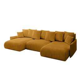 WOHNLANDSCHAFT mit Schlaffunktion und Bettkasten ONESK-U-v1 317x177x72 Senfgelb Cord