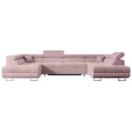 WOHNLANDSCHAFT mit Schlaffunktion und Bettkasten GUSA-U 342x202x107 cm Rosa Cord