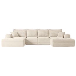 WOHNLANDSCHAFT mit Schlaffunktion und Bettkasten SIERRA-U-S - 349x161x87 cm Beige Cord