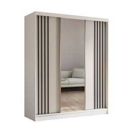 KLEIDERSCHRANK mit Spiegel-Schiebet&uuml;ren und Aluminium-Leisten, LED-Beleuchtung - NALLA - 180 cm Wei&szlig;+Wei&szlig;+Schwarz