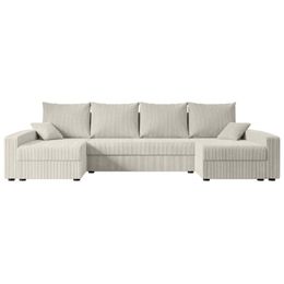 WOHNLANDSCHAFT mit Schlaffunktion und Bettkasten ALESIA-U 301x140x90 cm Creme Cord