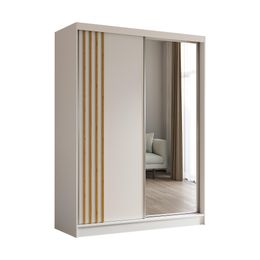 KLEIDERSCHRANK mit Spiegel-Schiebet&uuml;ren und Aluminium-Leisten, LED-Beleuchtung - NALLA - 160 cm Wei&szlig;+Wei&szlig;+Artisan