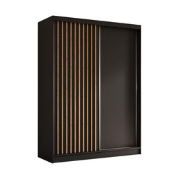KLEIDERSCHRANK mit furnierten Schiebet&uuml;ren und Aluminium-Leisten, LED-Beleuchtung - LABELO - 160 cm Schwarz+Schwarz+Artisan