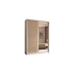 KLEIDERSCHRANK mit Spiegel-Schiebet&uuml;ren und Aluminium-Leisten - LAMELO - 150 cm Wei&szlig;+Wei&szlig;+Artisan