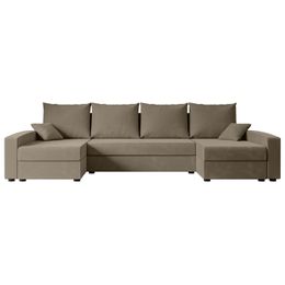 WOHNLANDSCHAFT mit Schlaffunktion und Bettkasten ALESIA-U 301x140x90 cm Braun Velours