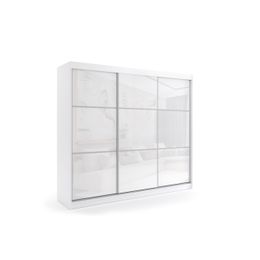 KLEIDERSCHRANK mit Lacobel-Schiebet&uuml;ren und Aluminium- Leisten, LED-Beleuchtung - VIVI - 240 cm Wei&szlig;