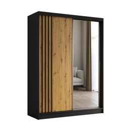 KLEIDERSCHRANK mit Spiegel-Schiebet&uuml;ren und Aluminium-Leisten, LED-Beleuchtung - NALLA - 160 cm Schwarz+Artisan+Schwarz