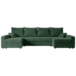 WOHNLANDSCHAFT mit Schlaffunktion und Bettkasten ALESIA-U 301x140x90 cm Gr&uuml;n Cord