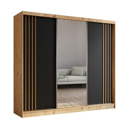 KLEIDERSCHRANK mit Spiegel-Schiebet&uuml;ren und Aluminium-Leisten - NALLA - 240 cm Artisan+Schwarz+Artisan