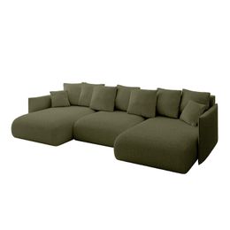 WOHNLANDSCHAFT mit Schlaffunktion und Bettkasten ONESK-U 317x177x72 Gr&uuml;n Boucl&eacute;