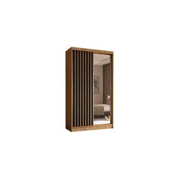 KLEIDERSCHRANK mit Spiegel-Schiebet&uuml;ren und Aluminium-Leisten, LED-Beleuchtung - LAMELO- 120 cm Artisan+Schwarz+Artisan