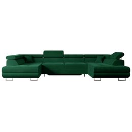 WOHNLANDSCHAFT mit Schlaffunktion und Bettkasten GUSA-U 342x202x107 cm Gr&uuml;n Velours