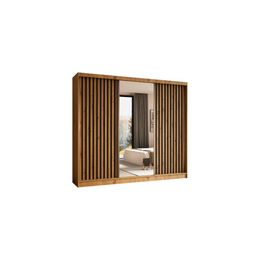 KLEIDERSCHRANK mit Spiegel-Schiebet&uuml;ren und Aluminium-Leisten, LED-Beleuchtung - LAMELO- 240 cm Artisan+Artisan+Schwarz