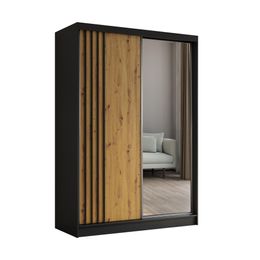 KLEIDERSCHRANK mit Spiegel-Schiebet&uuml;ren und Aluminium-Leisten, LED-Beleuchtung - NALLA - 150 cm Schwarz+Artisan+Schwarz