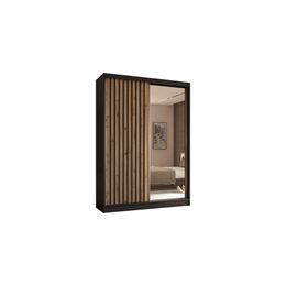 KLEIDERSCHRANK mit Spiegel-Schiebet&uuml;ren und Aluminium-Leisten, LED-Beleuchtung - LAMELO- 150 cm Schwarz+Artisan+Schwarz