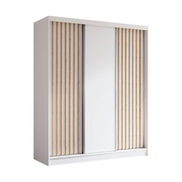 KLEIDERSCHRANK mit furnierten Schiebet&uuml;ren und Aluminium-Leisten - LABELO - 180 cm Wei&szlig;+Wei&szlig;+Artisan