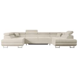 WOHNLANDSCHAFT mit Schlaffunktion und Bettkasten GUSA-U 342x202x107 cm Beige Velours