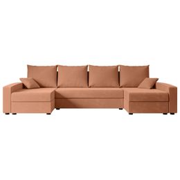 WOHNLANDSCHAFT mit Schlaffunktion und Bettkasten ALESIA-U 301x140x90 cm Koralle Velours