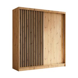 KLEIDERSCHRANK mit furnierten Schiebet&uuml;ren und Aluminium-Leisten, LED-Beleuchtung - LABELO - 200 cm Artisan+Artisan+Schwarz