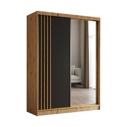 KLEIDERSCHRANK mit Spiegel-Schiebet&uuml;ren und Aluminium-Leisten, LED-Beleuchtung - NALLA - 160 cm Artisan+Schwarz+Artisan