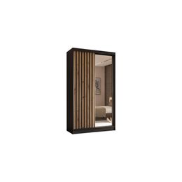 KLEIDERSCHRANK mit Spiegel-Schiebet&uuml;ren und Aluminium-Leisten, LED-Beleuchtung - LAMELO- 120 cm Schwarz+Artisan+Schwarz