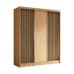 KLEIDERSCHRANK mit furnierten Schiebet&uuml;ren und Aluminium-Leisten - LABELO - 180 cm Artisan+Artisan+Schwarz