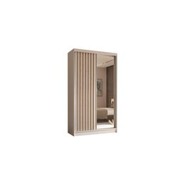 KLEIDERSCHRANK mit Spiegel-Schiebet&uuml;ren und Aluminium-Leisten - LAMELO - 120 cm Wei&szlig;+Wei&szlig;+Artisan