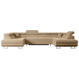 WOHNLANDSCHAFT mit Schlaffunktion und Bettkasten GUSA-U 342x202x107 cm Beige Velours
