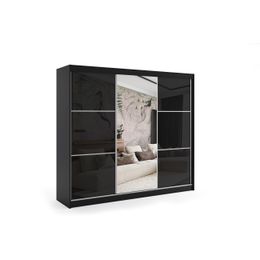 KLEIDERSCHRANK mit Spiegel-Schiebet&uuml;ren und Aluminium-Leisten, LED-Beleuchtung - VIVI - 240 cm Schwarz