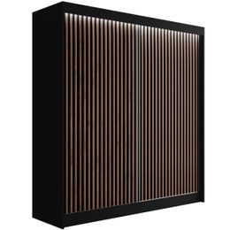 KLEIDERSCHRANK mit LED, Lamel-Schiebet&uuml;ren VILANv2 - 200 cm Schwarz + Lamelle Eiche Wotan