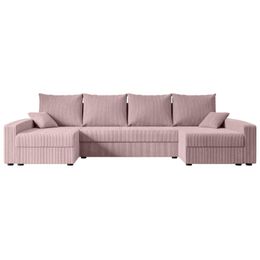 WOHNLANDSCHAFT mit Schlaffunktion und Bettkasten ALESIA-U 301x140x90 cm Rosa Cord