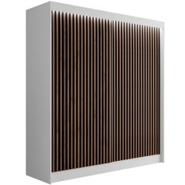 KLEIDERSCHRANK mit LED, Lamel-Schiebet&uuml;ren VILANv2 - 200 cm Wei&szlig; + Lamelle Eiche Wotan