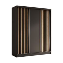 KLEIDERSCHRANK mit furnierten Schiebet&uuml;ren und Aluminium-Leisten - LABELO - 180 cm Schwarz+Schwarz+Artisan
