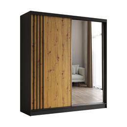 KLEIDERSCHRANK mit Spiegel-Schiebet&uuml;ren und Aluminium-Leisten, LED-Beleuchtung - NALLA - 200 cm Schwarz+Artisan+Schwarz