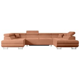 WOHNLANDSCHAFT mit Schlaffunktion und Bettkasten GUSA-U 342x202x107 cm Koralle Velours