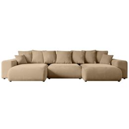 WOHNLANDSCHAFT mit Schlaffunktion ESKAR-U -364x176x72cm Beige Velours