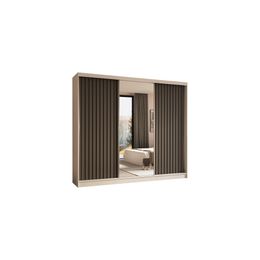 KLEIDERSCHRANK mit Spiegel-Schiebet&uuml;ren und Aluminium-Leisten, LED-Beleuchtung - LAMELO - 240 cm Wei&szlig;+Grau+Grau