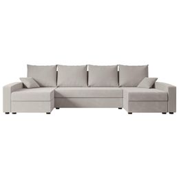WOHNLANDSCHAFT mit Schlaffunktion und Bettkasten ALESIA-U 301x140x90 cm Hellbraun Velours