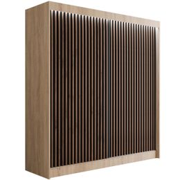 KLEIDERSCHRANK mit LED, Lamel-Schiebet&uuml;ren VILANv2 - 200 cm Sonoma Eiche + Lamelle Eiche Wotan