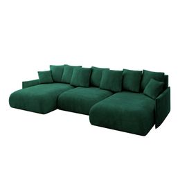 WOHNLANDSCHAFT mit Schlaffunktion und Bettkasten ONESK-U-v1 317x177x72 Dunkelgr&uuml;n Velours