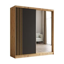 KLEIDERSCHRANK mit Spiegel-Schiebet&uuml;ren und Aluminium-Leisten - NALLA - 200 cm Artisan+Schwarz+Artisan