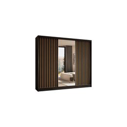 KLEIDERSCHRANK mit Spiegel-Schiebet&uuml;ren und Aluminium-Leisten - LAMELO - 240 cm Schwarz+Schwarz+ Artisan