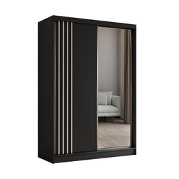 KLEIDERSCHRANK mit Spiegel-Schiebet&uuml;ren und Aluminium-Leisten - NALLA - 150 cm Schwarz+Schwarz+Wei&szlig;