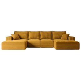 WOHNLANDSCHAFT mit Schlaffunktion und Bettkasten SIERRA-U-S - 349x161x87 cm Senfgelb Cord