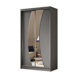 KLEIDERSCHRANK mit Spiegel-Schiebet&uuml;ren und Aluminium-Leisten, LED-Beleuchtung- VOXI - 120 cm Grau