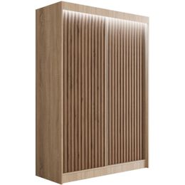 KLEIDERSCHRANK mit LED, Lamel-Schiebet&uuml;ren VILANv2 - 150 cm Sonoma Eiche + Sonoma Eiche + Lamelle Eiche Wotan