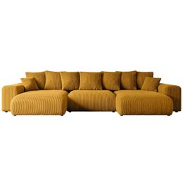 WOHNLANDSCHAFT mit Schlaffunktion ESKAR-U -364x176x72cm Gelb Cord